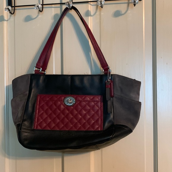 Coach | Bags | Coach Red Black And Gray Color Block Park Leather Carrie ...